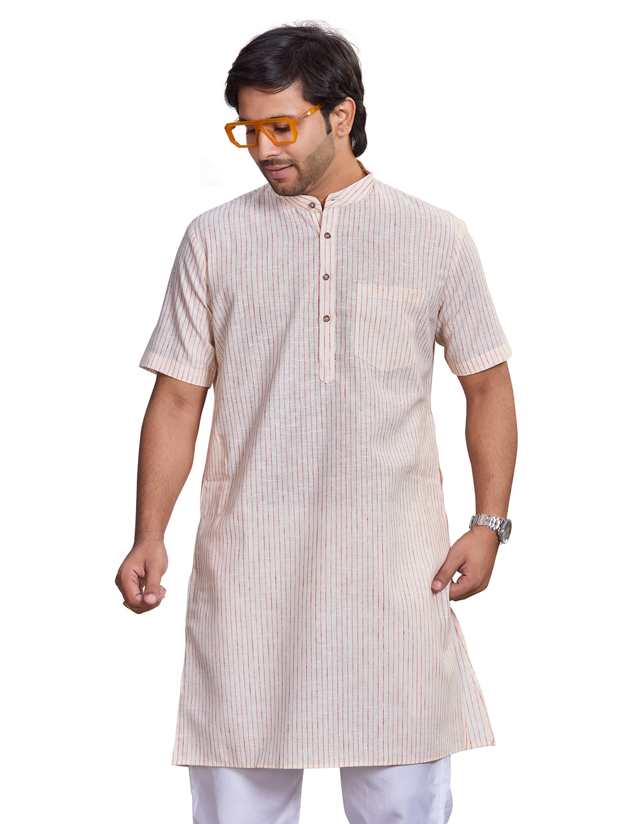 Premium Linen Blend Classic Striped Modi Kurta, Half sleeve, Yellow Re ...