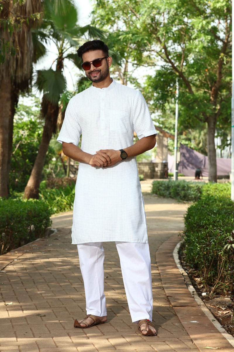 Classic Cotton Linen Slub Checkered Modi Kurta, Half sleeve, White, Re ...
