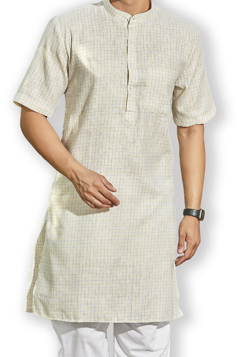 Classic Cotton Linen Slub Checkered Modi Kurta, Half sleeve, Beige, Re ...