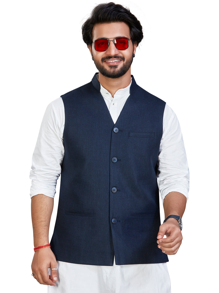 Premium Linen Blend Limited edition V-Neck Designer Nehru Jacket, Navy ...