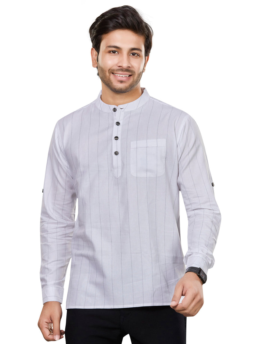 Premium Cotton Fine Striped Designer Short Kurta, White Blue, Regular ...