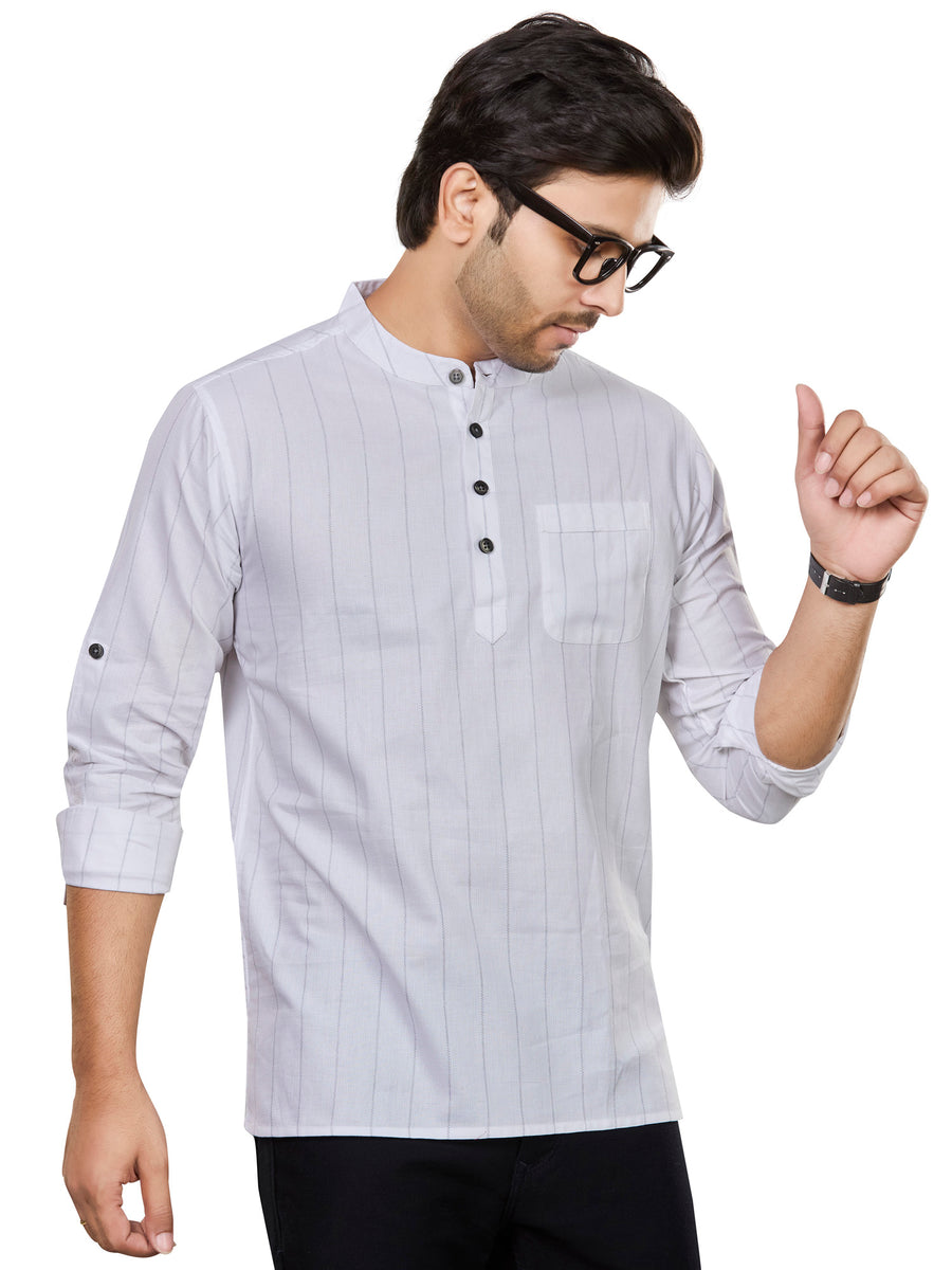 Premium Cotton Fine Striped Designer Short Kurta, White Blue, Regular ...