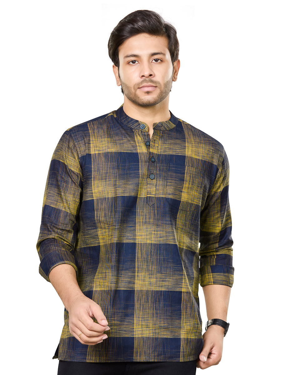 Pure Cotton Designer Denim Checkered Premium Short Kurta, Blue Yellow ...