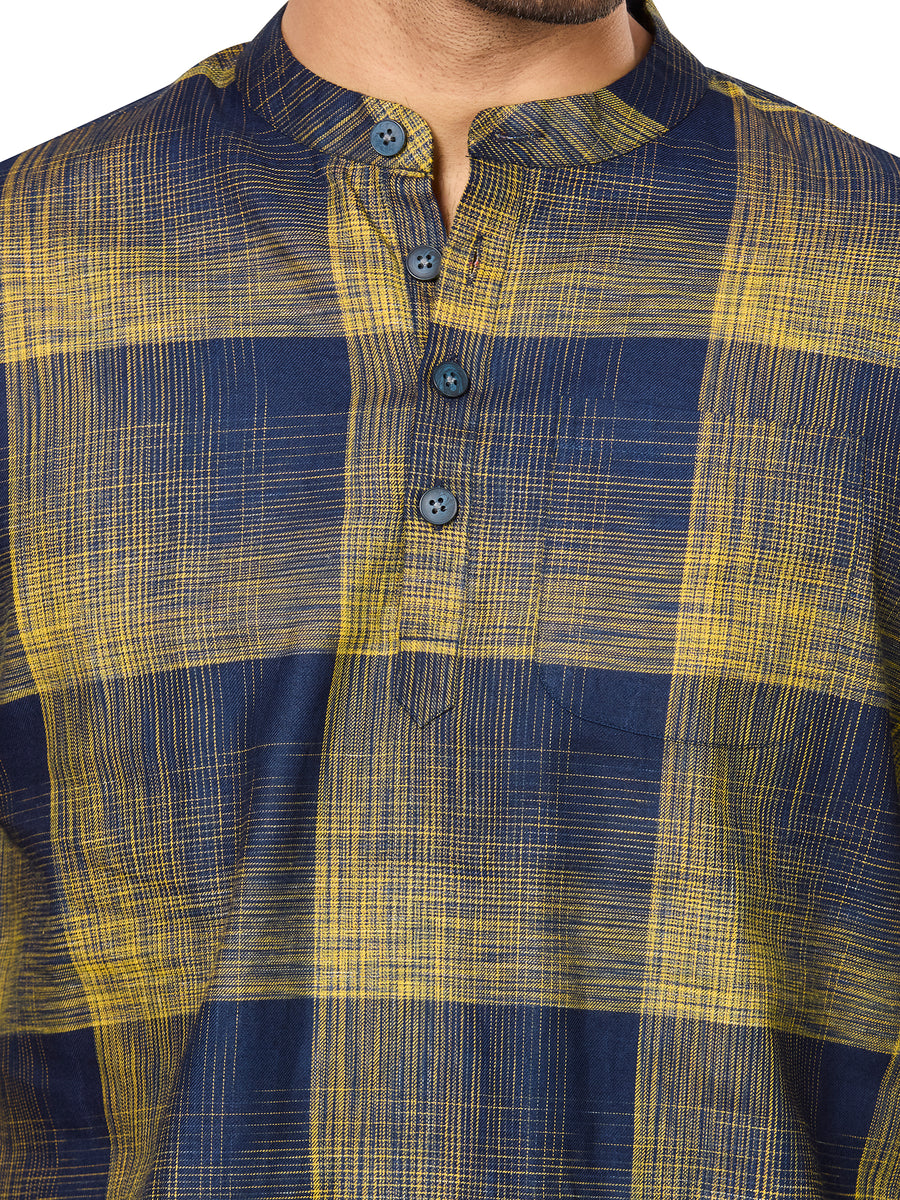 Pure Cotton Designer Denim Checkered Premium Short Kurta, Blue Yellow ...