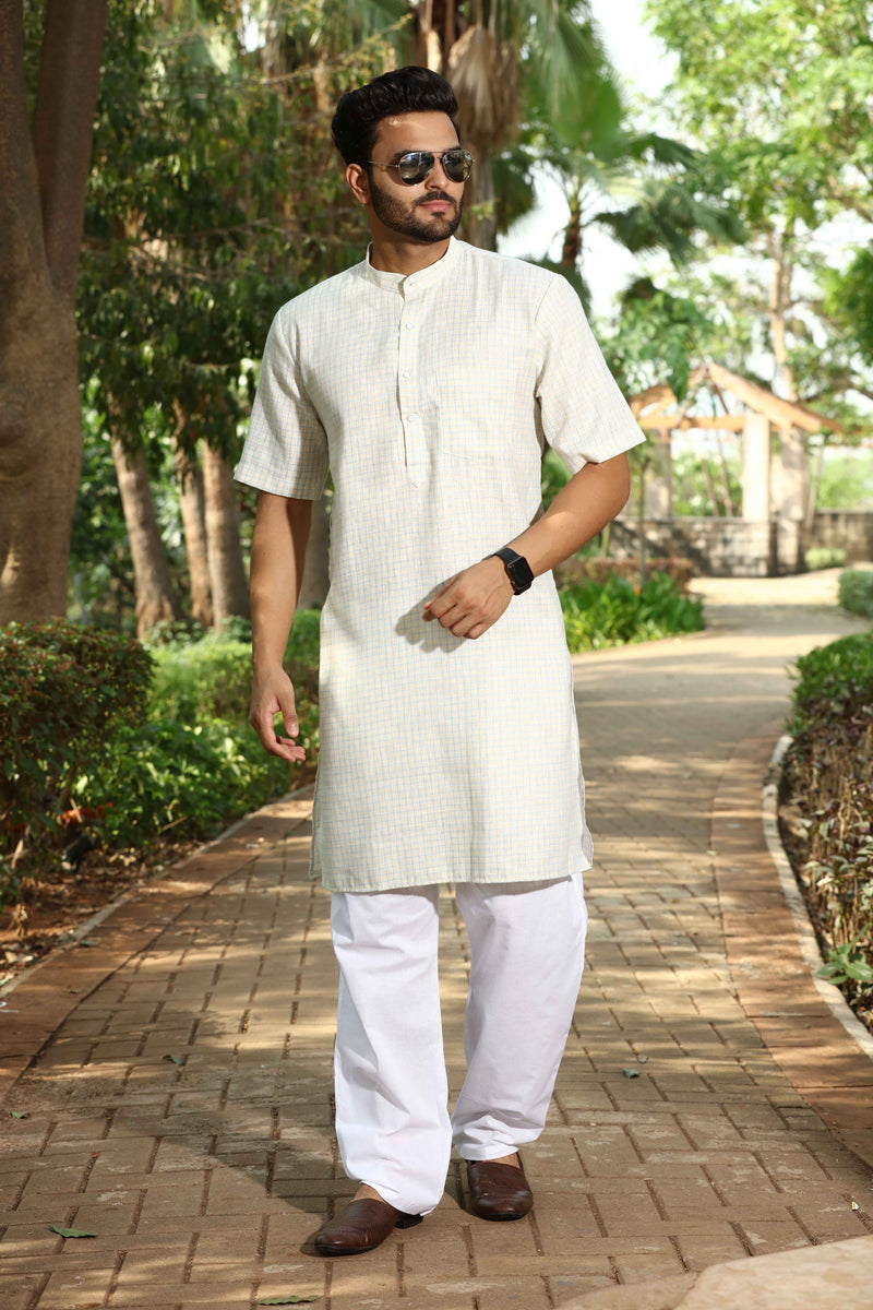 Classic Cotton Linen Slub Checkered Modi Kurta, Half sleeve, Beige, Re ...