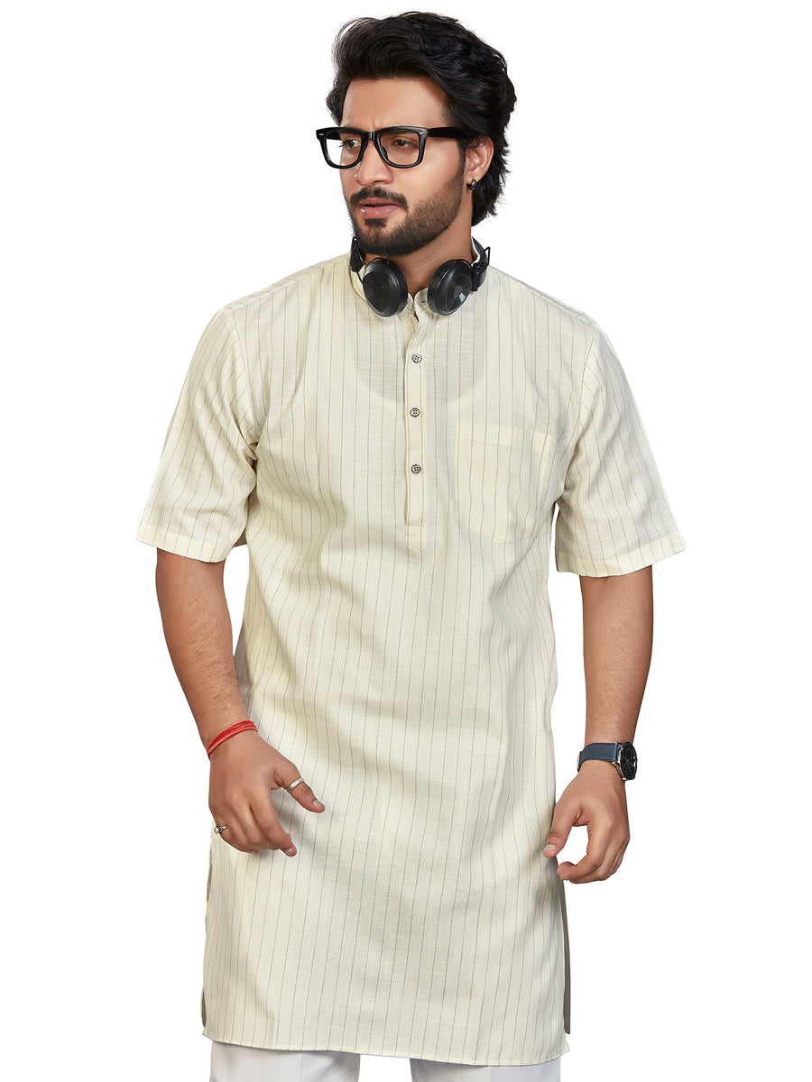Classic Vertical Striped Cotton Rich Modi Kurta, Half Sleeves, Beige B ...