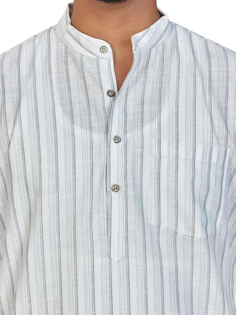 Classic Vertical Striped Cotton Rich Modi Kurta, Half Sleeves, White G ...