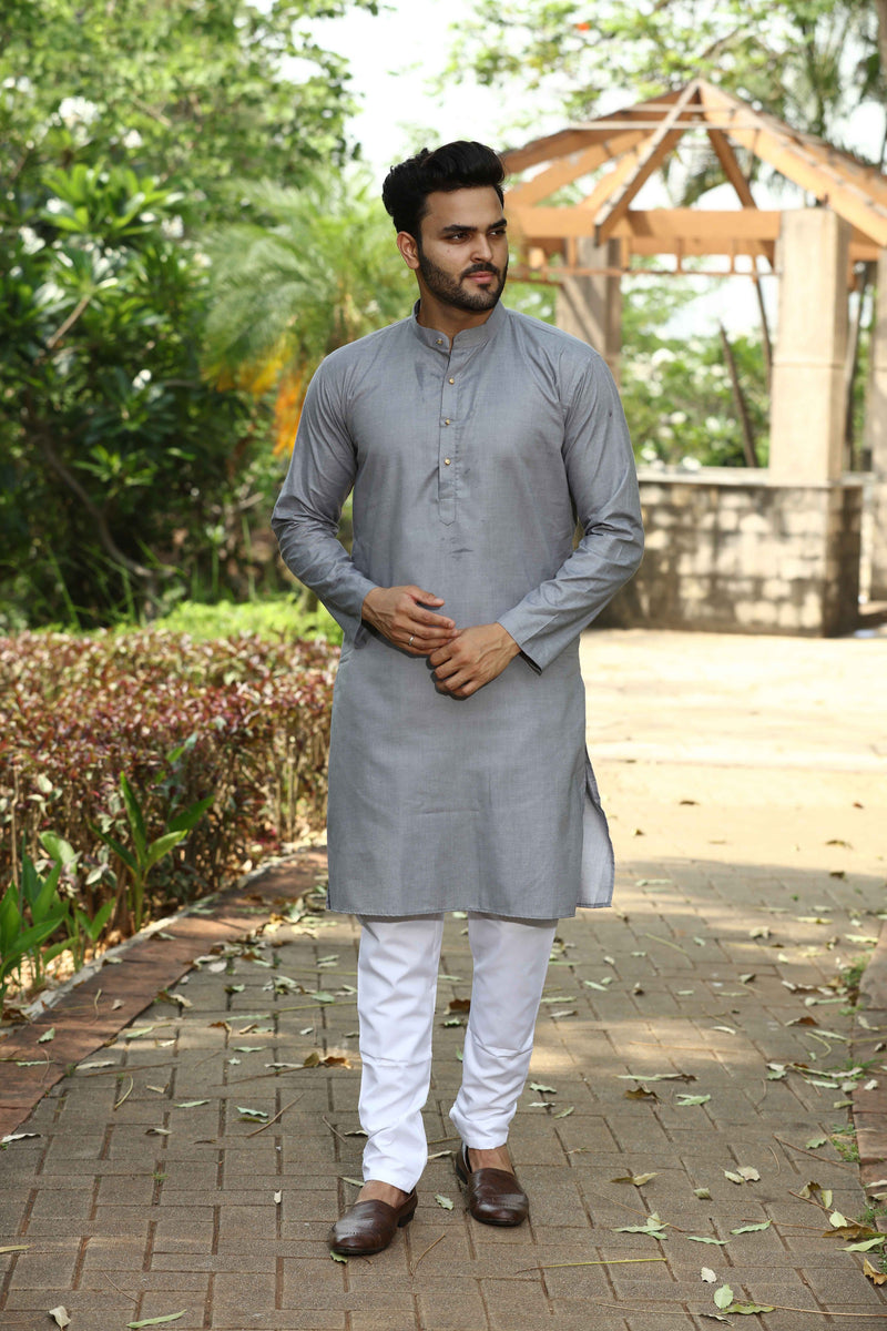 Classic Cotton Rich Slub Kurta Pyjama set, Grey, Slim Fit – Authentics