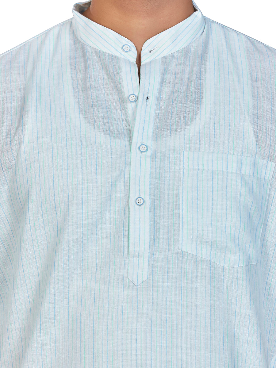 Classic Vertical Striped Cotton Rich Modi Kurta, Half Sleeves, White B ...