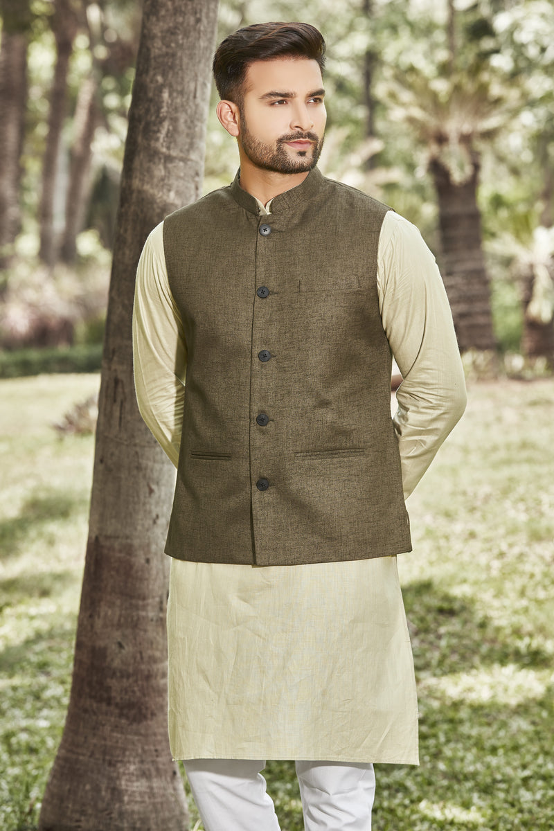 Classic Linen Blend Premium Nehru Jacket, Solid Military Green, Regula ...