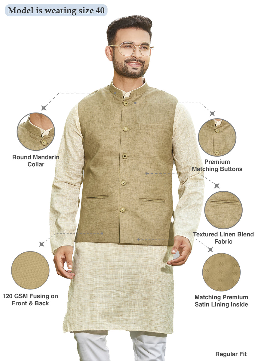 Classic Linen Blend Premium Nehru Jacket, Solid Golden, Regular Fit ...