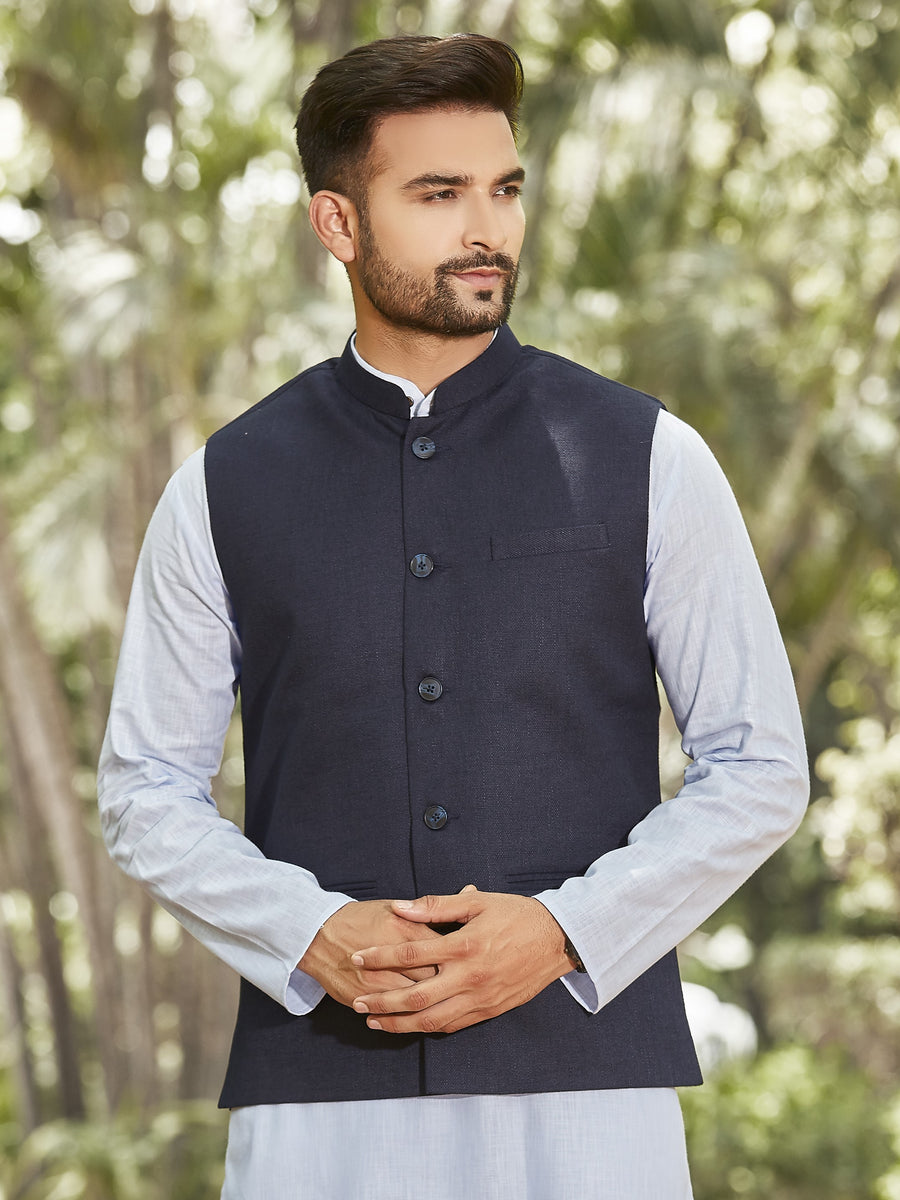 Classic Linen Blend Premium Nehru Jacket, Solid Navy Blue, Regular Fit ...