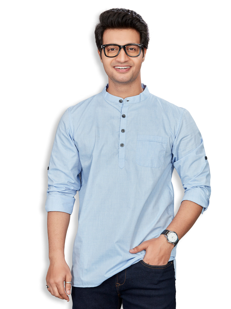 Pure Cotton Chambray weave La-Italia Short Kurta, Blue, Regular Fit ...