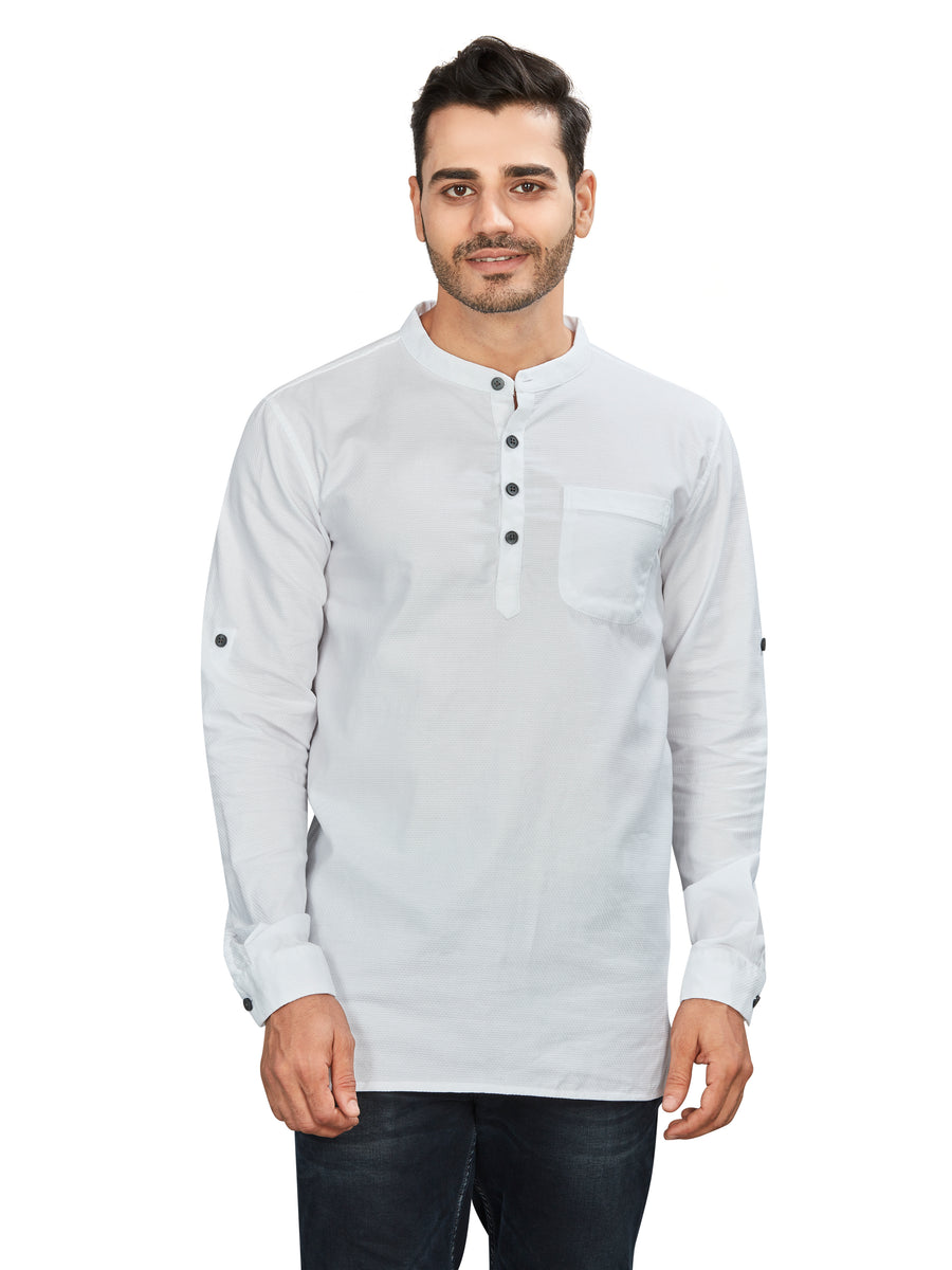 Pure Cotton Self Textured Premium Short Kurta, White, Regular Fit ...
