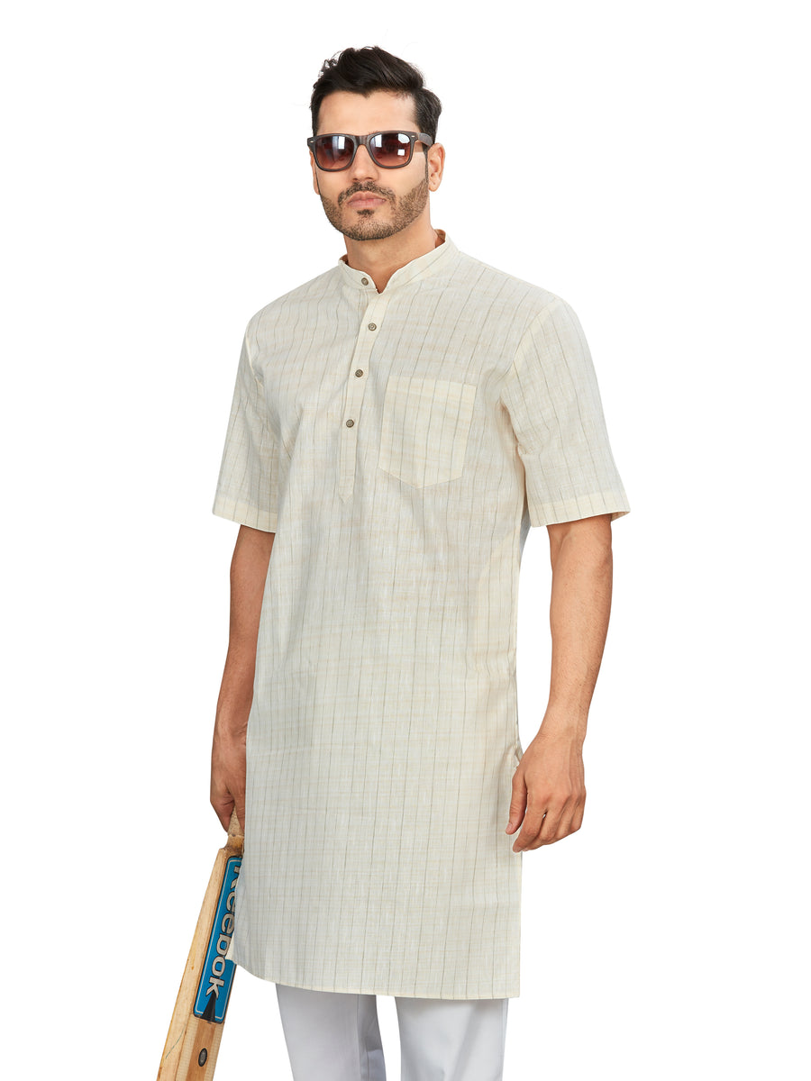 Classic Cotton Linen Slub Striped Modi Kurta, Half Sleeves, Yellow, Re ...