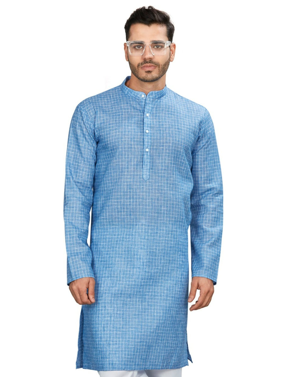 Premium Linen Blend Checkered Designer Kurta, Blue White, Regular Fit ...