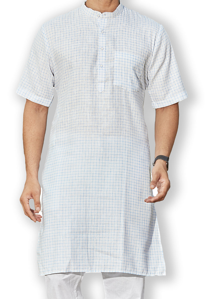 Classic Cotton Linen Slub Checkered Modi Kurta, Half sleeve, White, Re ...