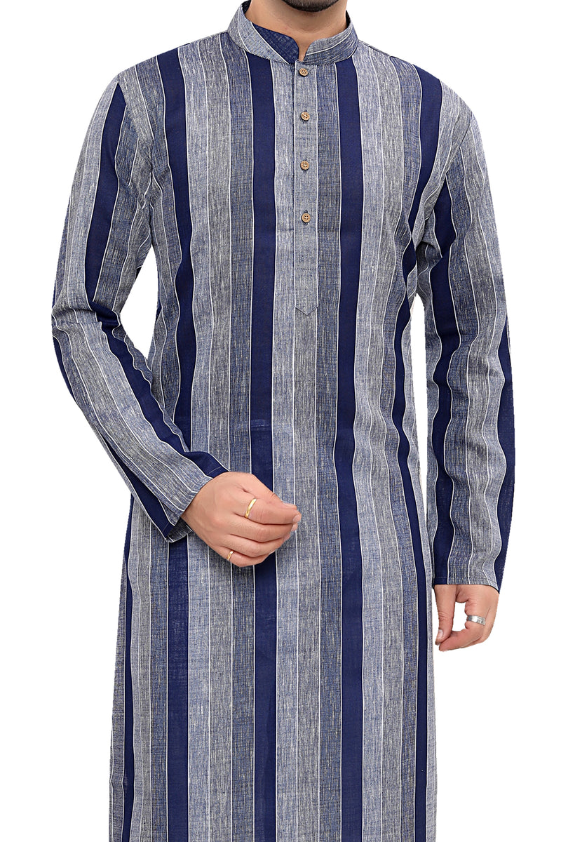 Linen Blend Classic Striped Kurta Pyjama Set, Blue, Regular Fit ...