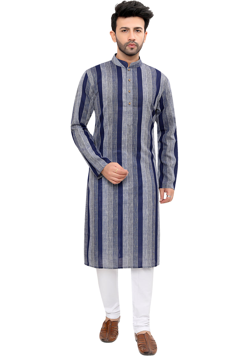 Linen Blend Classic Striped Kurta Pyjama Set, Blue, Regular Fit ...