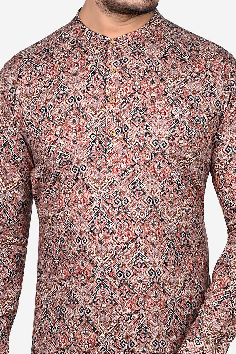 Mercerised Cotton Geometric Print Satin Weave Short Kurta, Multicolor ...